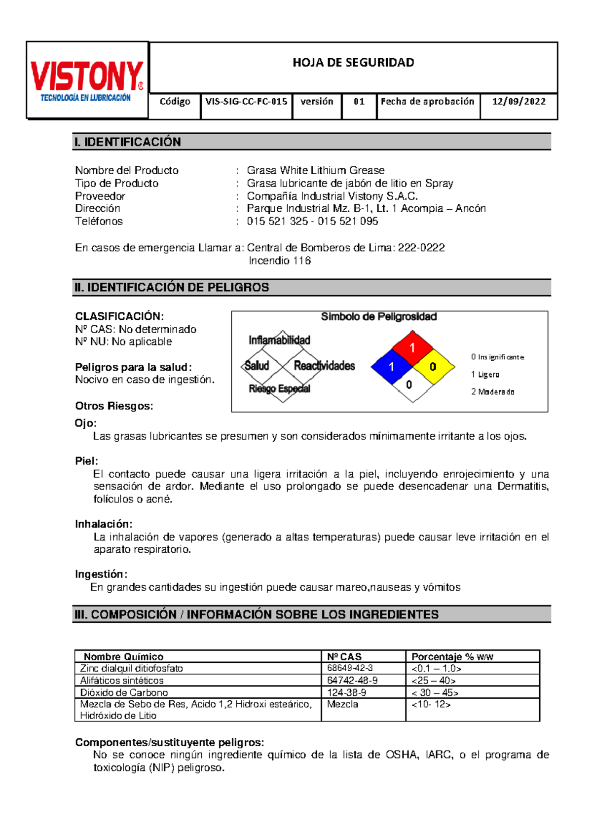 MSDS Grasa White Lithium Grease - Código VIS-SIG-CC-FC- 015 versión 01 ...