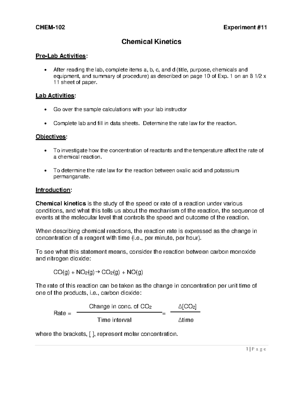 Exp 11 Chemical Kinetics - CHEM- 102 Experiment # 11 Chemical Kinetics ...