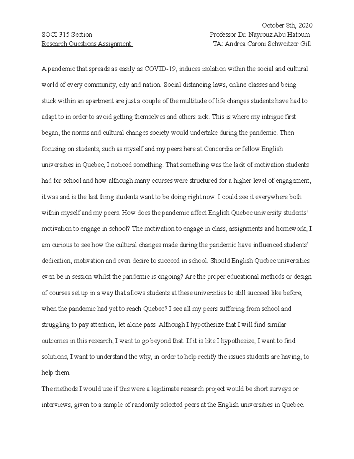 SOCI315 Research Questions Assignment - October 8th, 2020 SOCI 315 ...