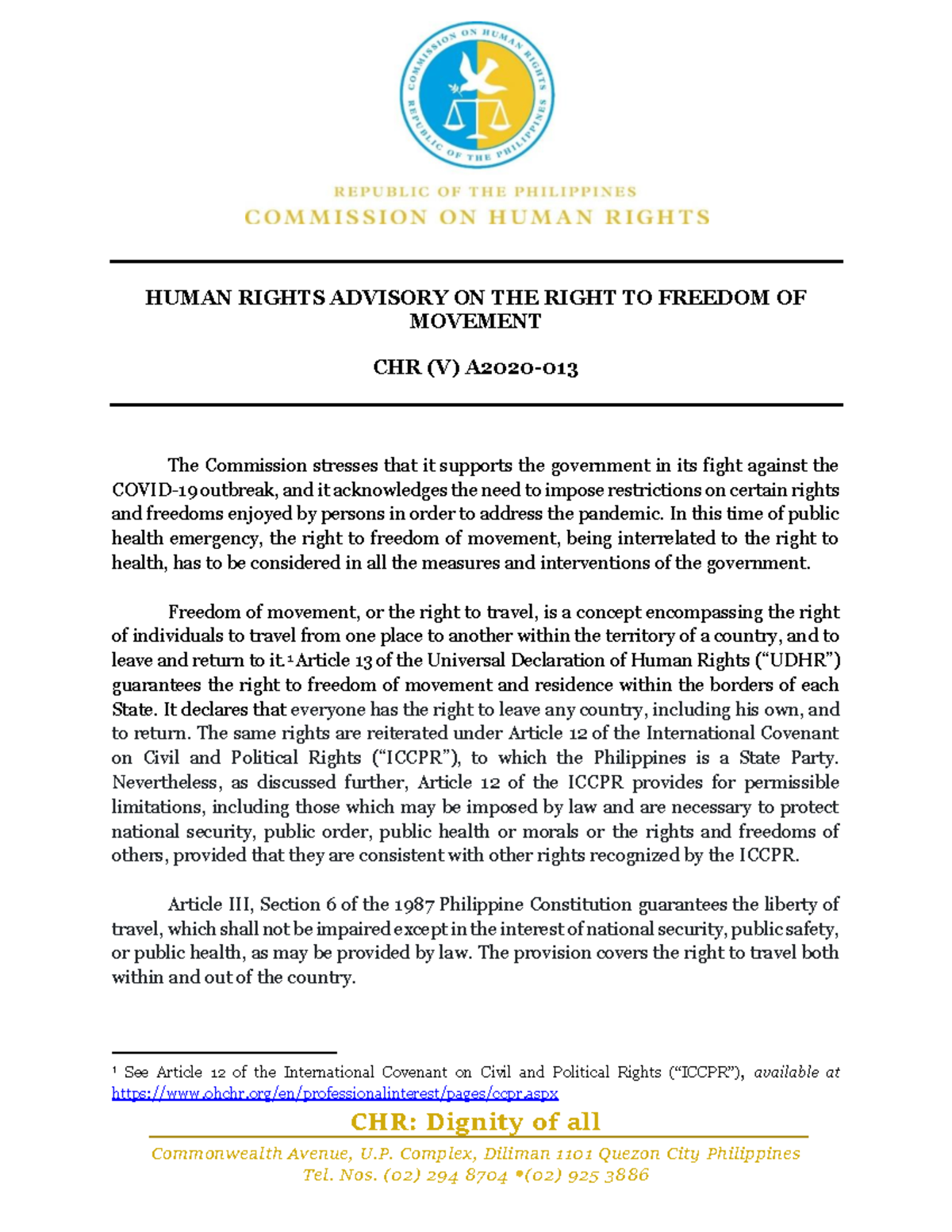 Human RIghts Advisory Right to Freedom of Movement CHR V A2020 013 ...