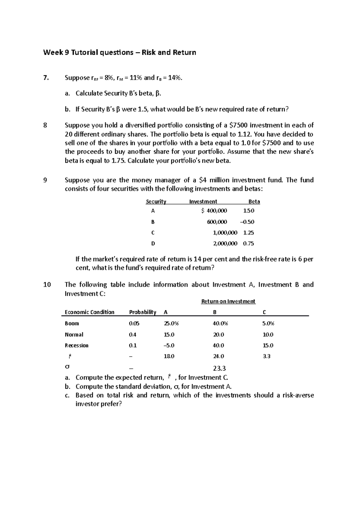 Week 9 Tutorial questions - Week 9 Tutorial questions – Risk and Return ...