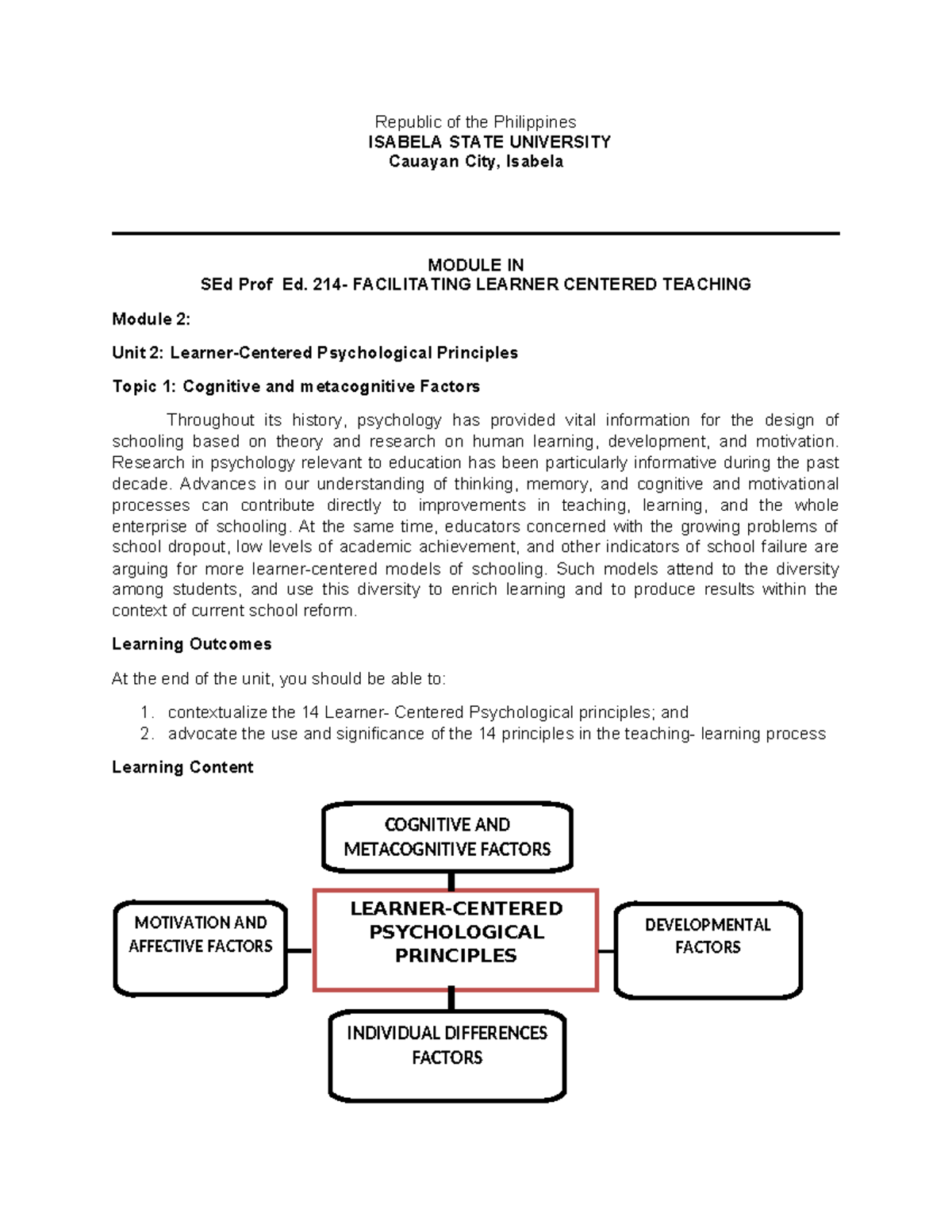 Module 2 Facilitating Learner Centered - Republic of the Philippines ISABELA STATE UNIVERSITY ...