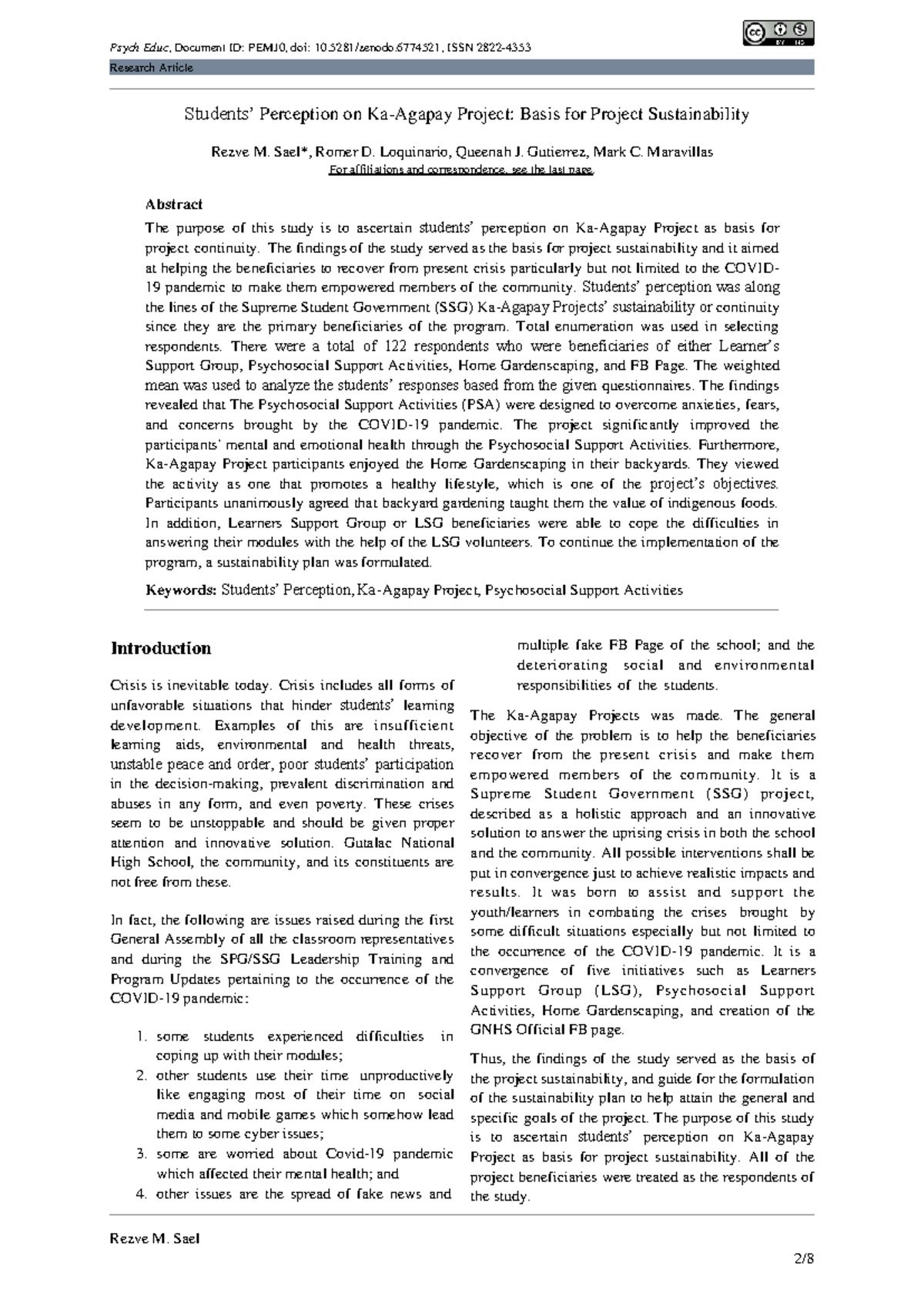 Students’ Perception on Ka-Agapay Project Basis for Project ...