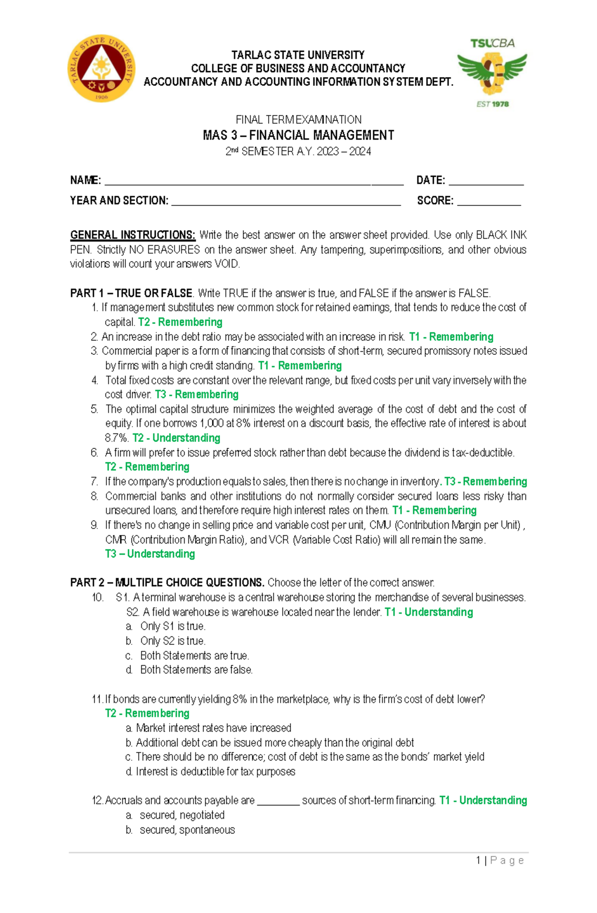 MAS 3 - FTE with Answer Key - COLLEGE OF BUSINESS AND ACCOUNTANCY ...