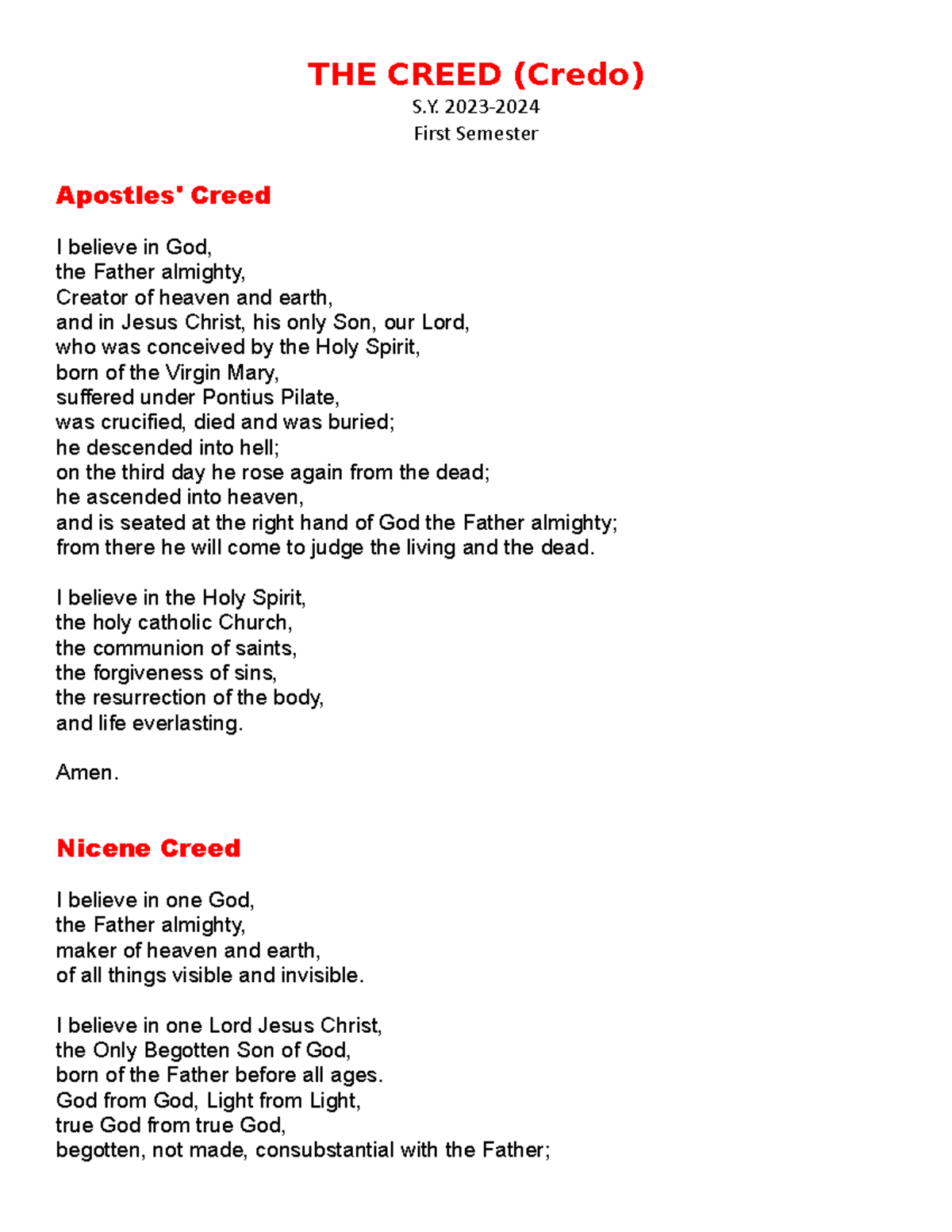 THE- Creed - opo - THE CREED (Credo) S. 2023- First Semester Apostles ...