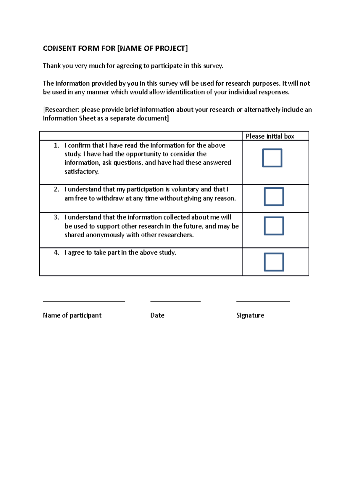 Sample Consent Form for Quantitative Surveys - CONSENT FORM FOR [NAME ...