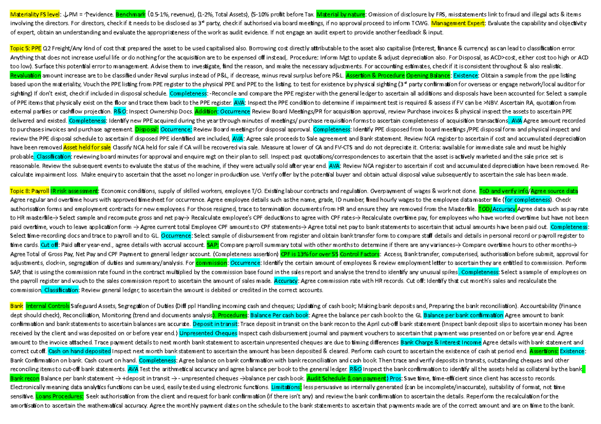 ACC2002 Auditing Cheatsheet Finals SIT - Materiality FS level: ↓PM = ↑ ...