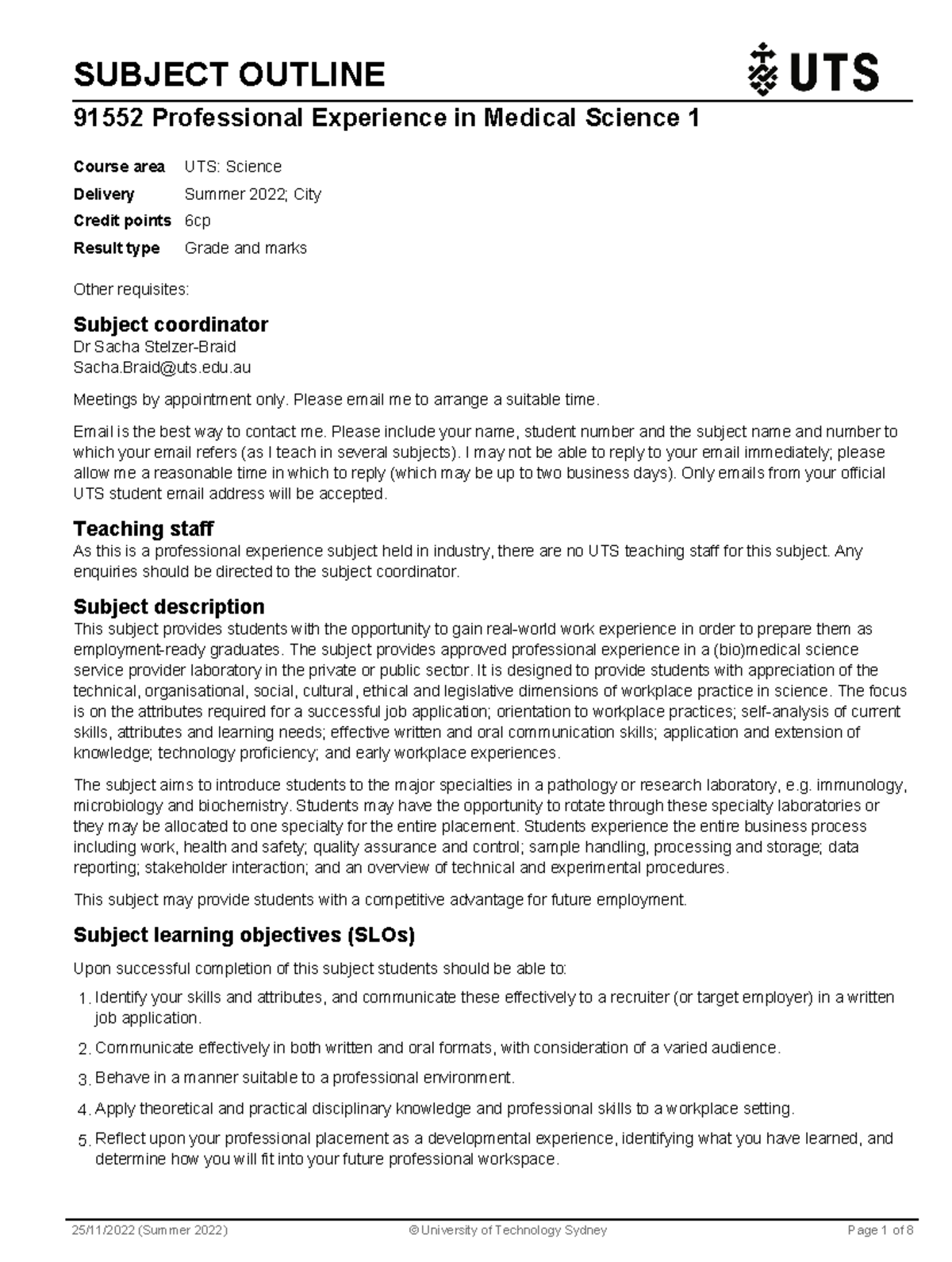 91552 - Professional Experience in Biomedical Science Subject Outline ...