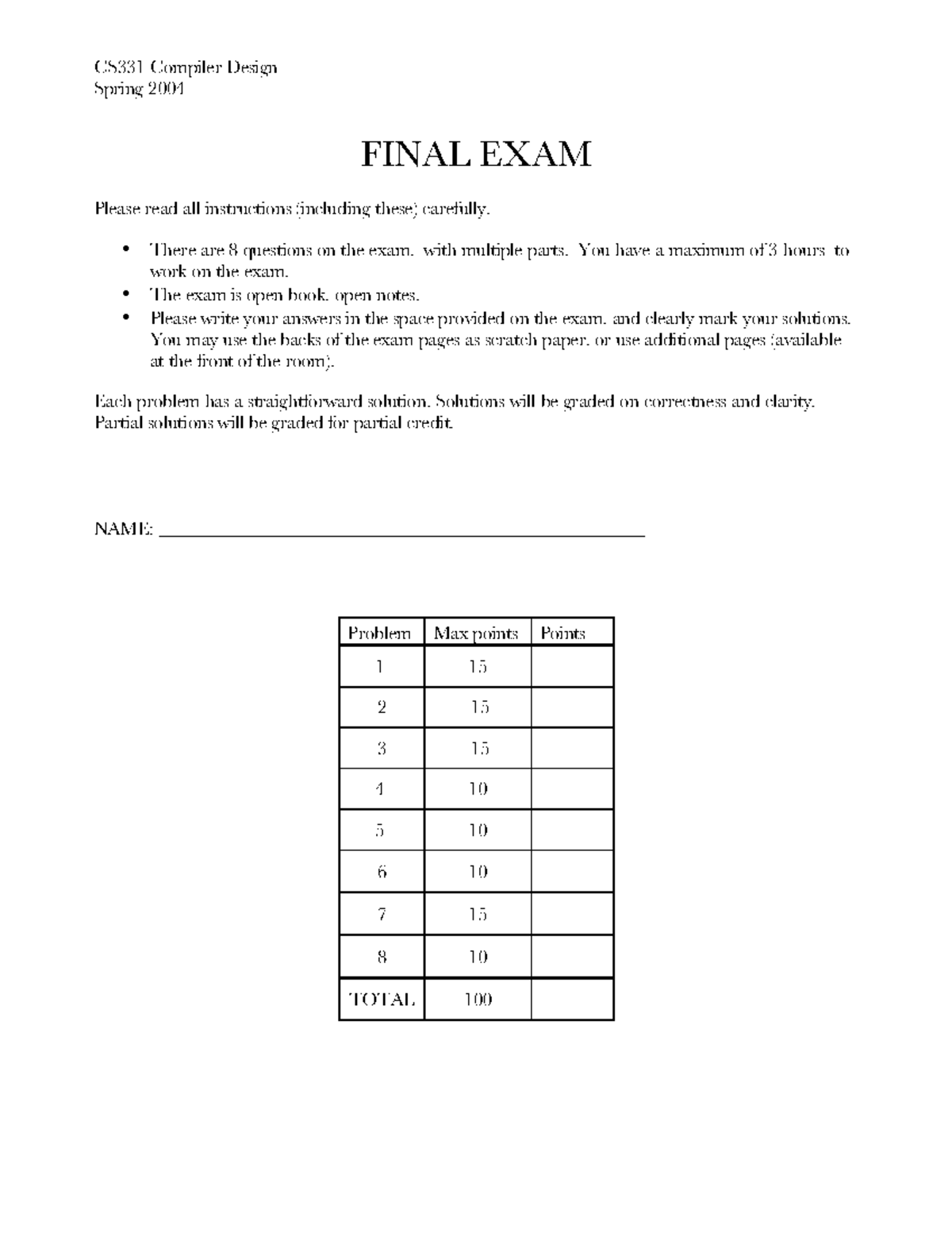 CS331 exam 2004 solution - Spring 2004 FINAL EXAM Please read all ...