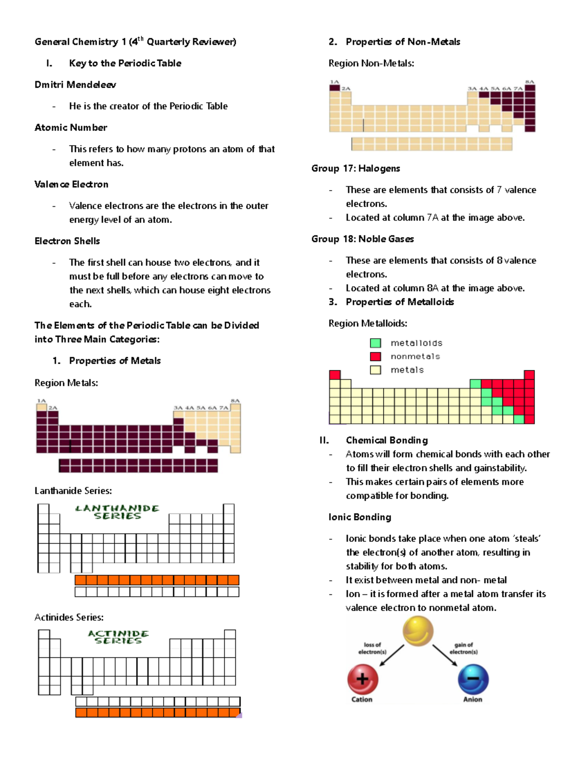 Reviewer Gen Chem - General Chemistry 1 (4th Quarterly Reviewer) I. Key ...
