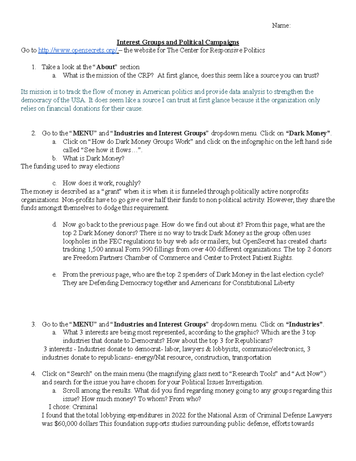 Copy of Open Secrets Interest Groups and Political Campaigns 2024 ...