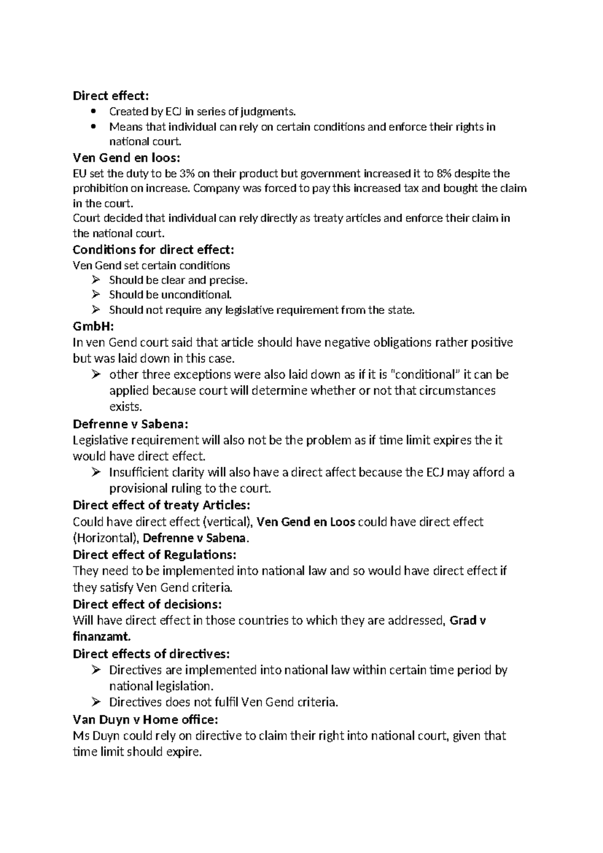 Direct Effect notes - Direct effect: Created by ECJ in series of ...