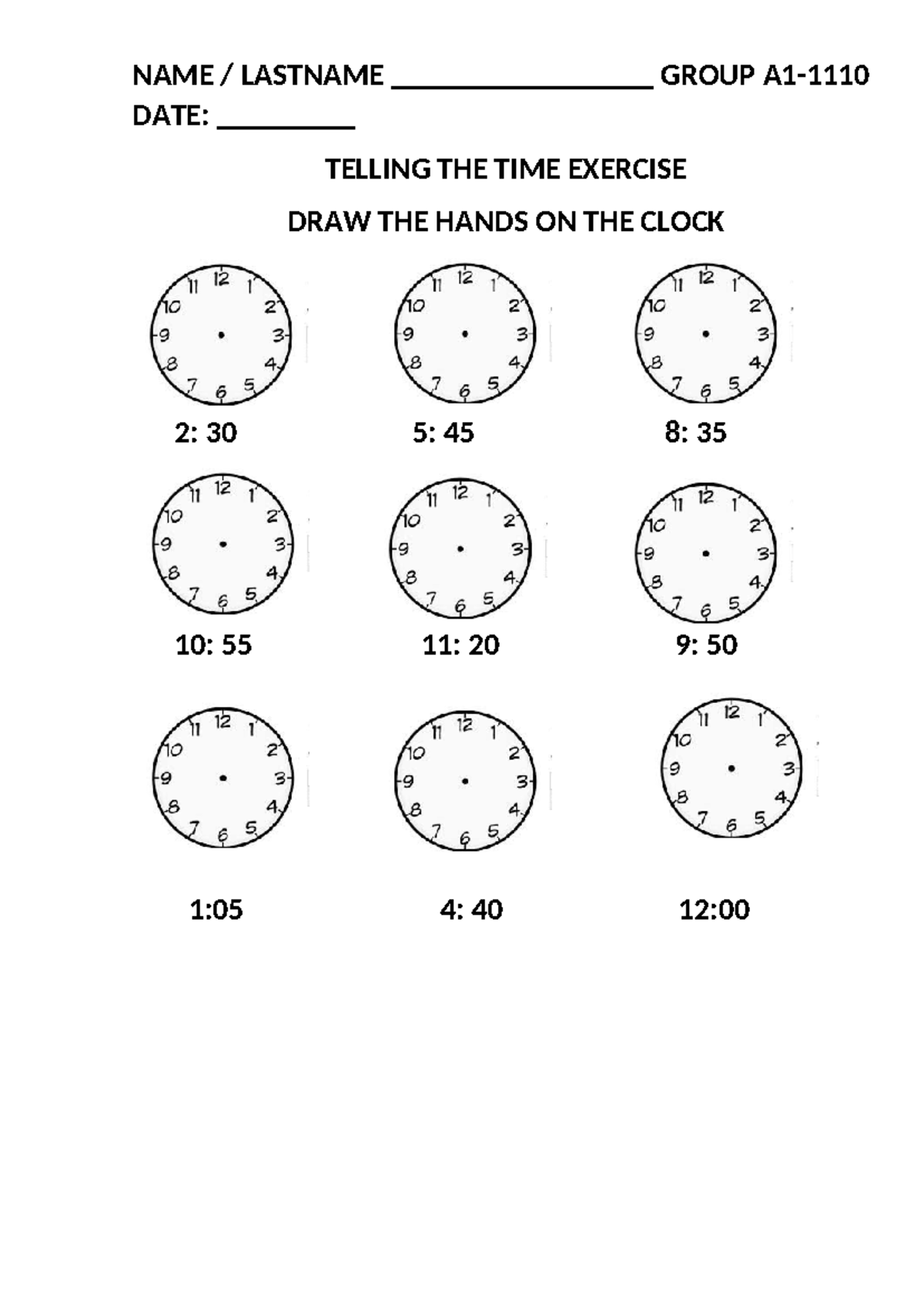 Telling THE TIME Exercise - English I - NAME / LASTNAME ...