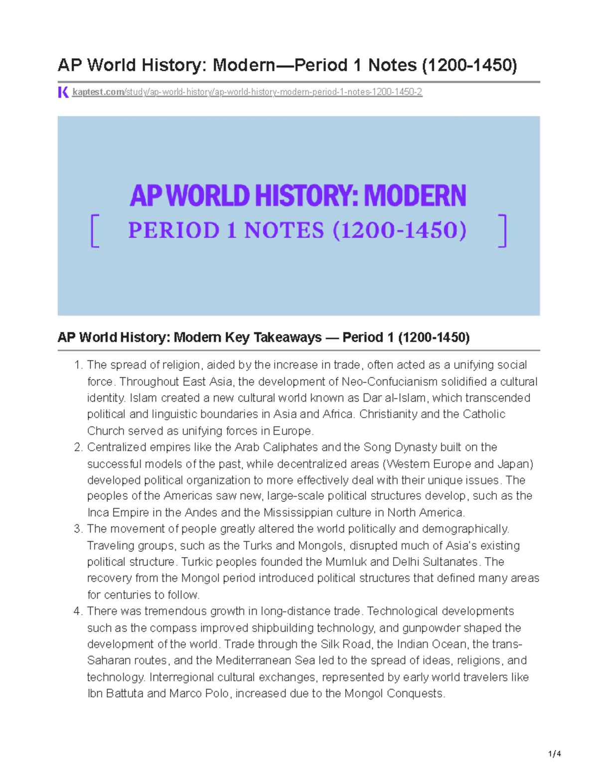 Kaptest.com-AP World History Modern Period 1 Notes 1200-1450 - AP World ...