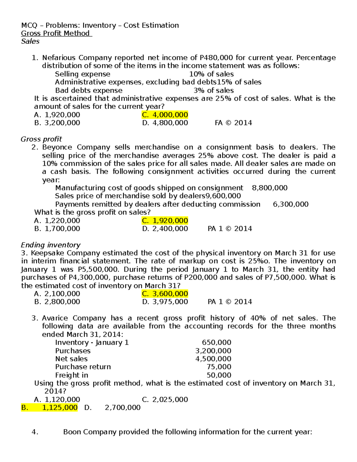 MCQ inventory estimation - MCQ – Problems: Inventory – Cost Estimation ...