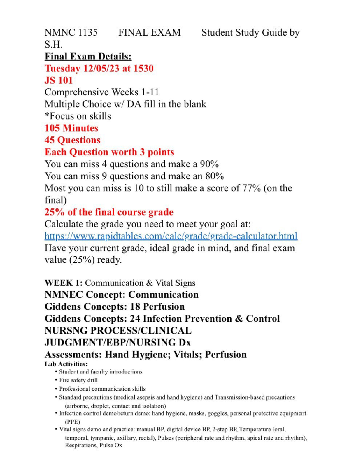 1135 Final Exam Student Study Guide - NMNC 1110 - Studocu