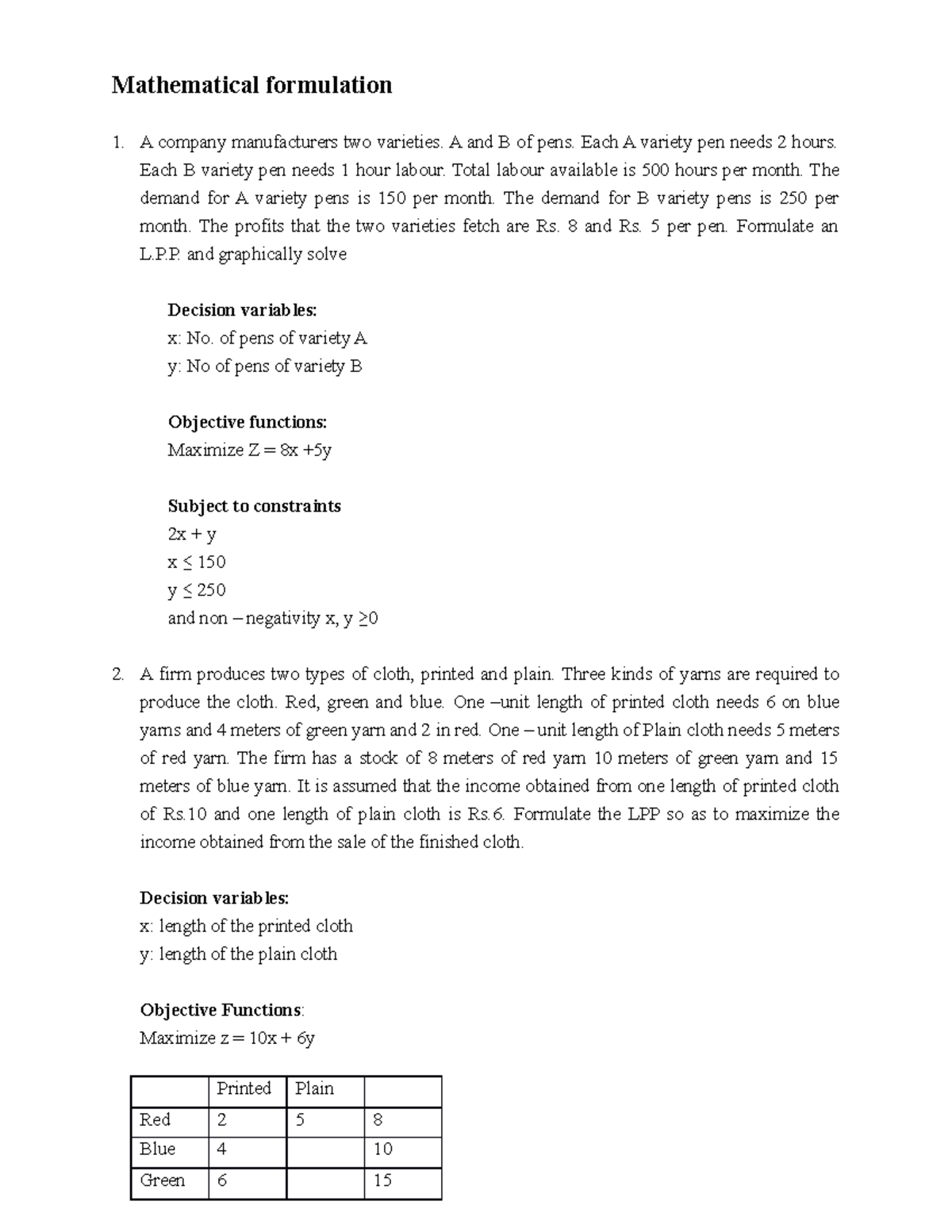 LPP Mathematical formulation - Mathematical formulation A company ...