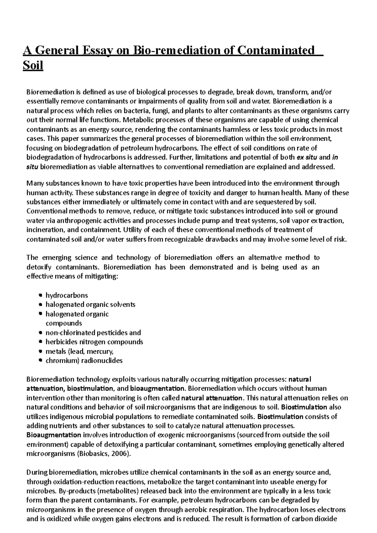 Bio-remediation of Contaminated Soil - A General Essay on Bio ...