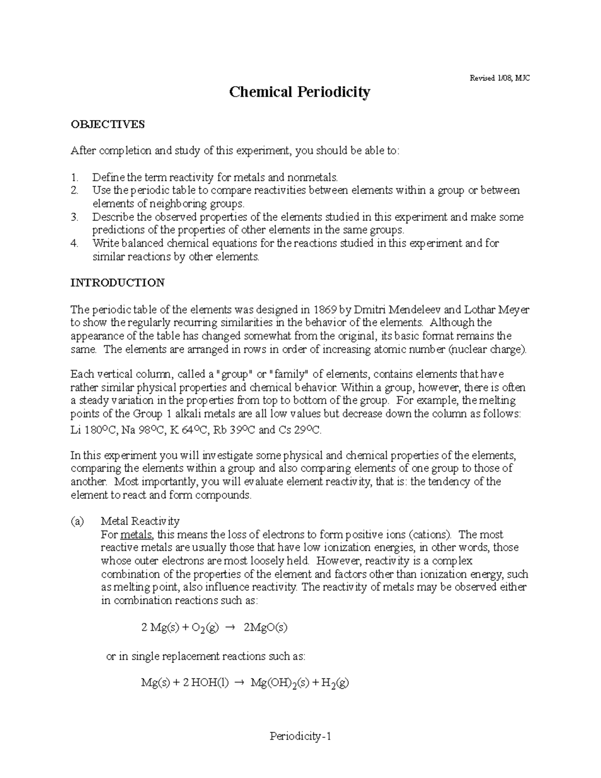 Periodicity Su08 - ofodofd ni - Revised 1/08, MJC Chemical Periodicity ...