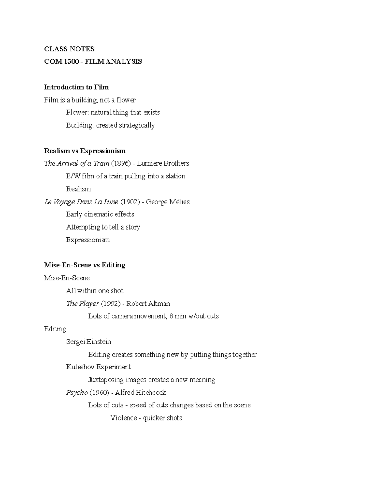 COM 1300 - Class Notes - CLASS NOTES COM 1300 - FILM ANALYSIS ...