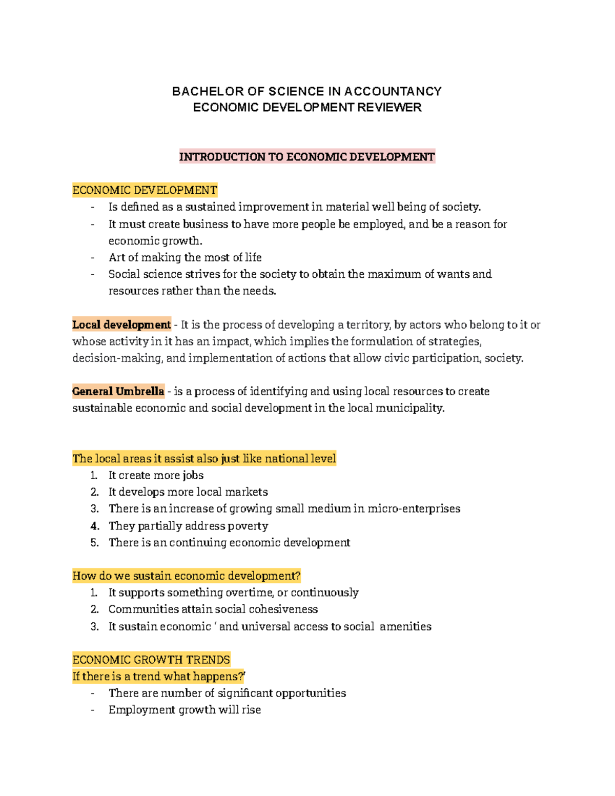 Economic Development Study Guide - BACHELOR OF SCIENCE IN ACCOUNTANCY ECONOMIC DEVELOPMENT ...