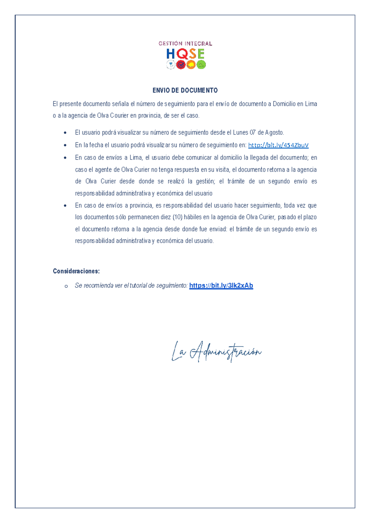 Proceso PARA Envio DE Documentos - ENVIO DE DOCUMENTO El presente documento señala el número de ...