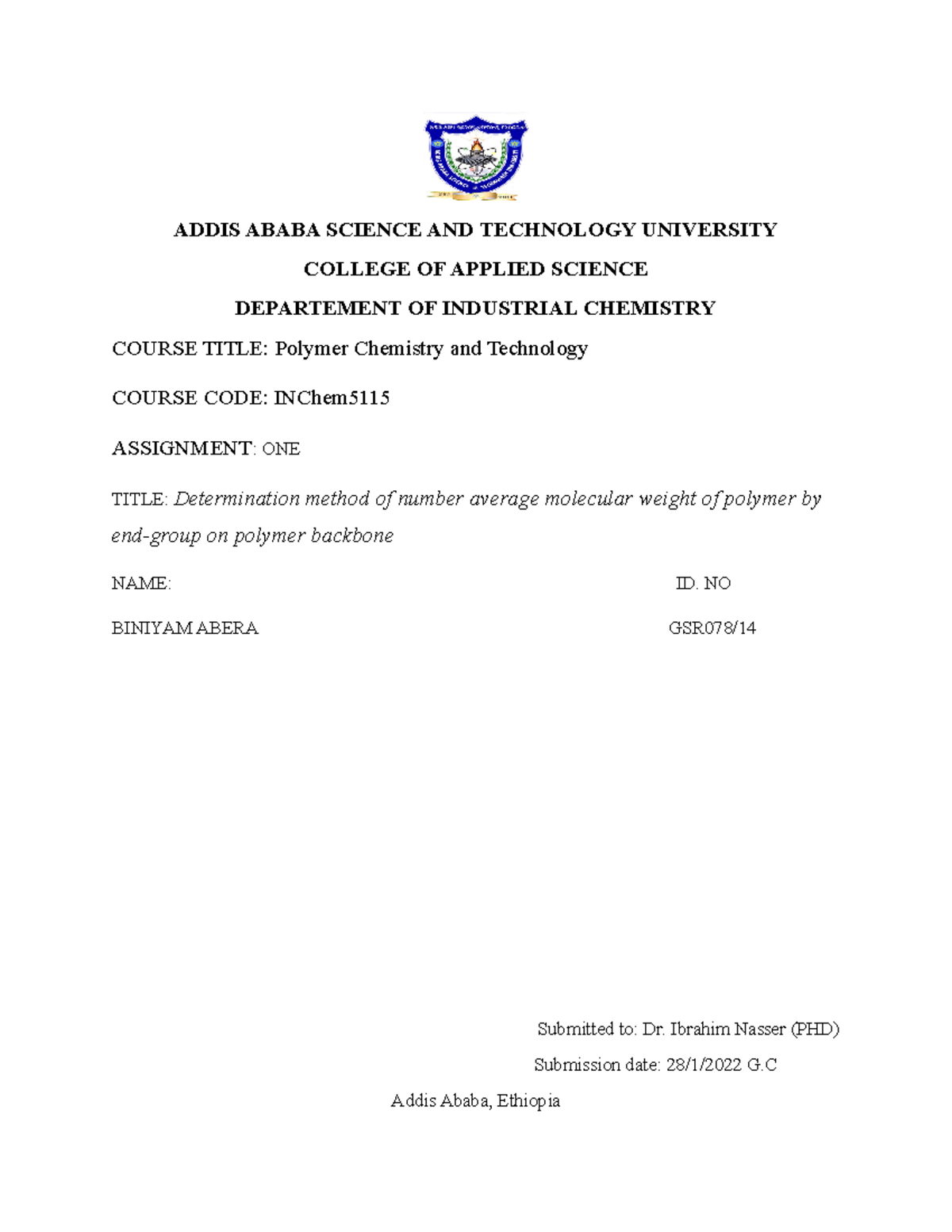 Final document pc by biniyam abera - ADDIS ABABA SCIENCE AND TECHNOLOGY UNIVERSITY COLLEGE OF ...