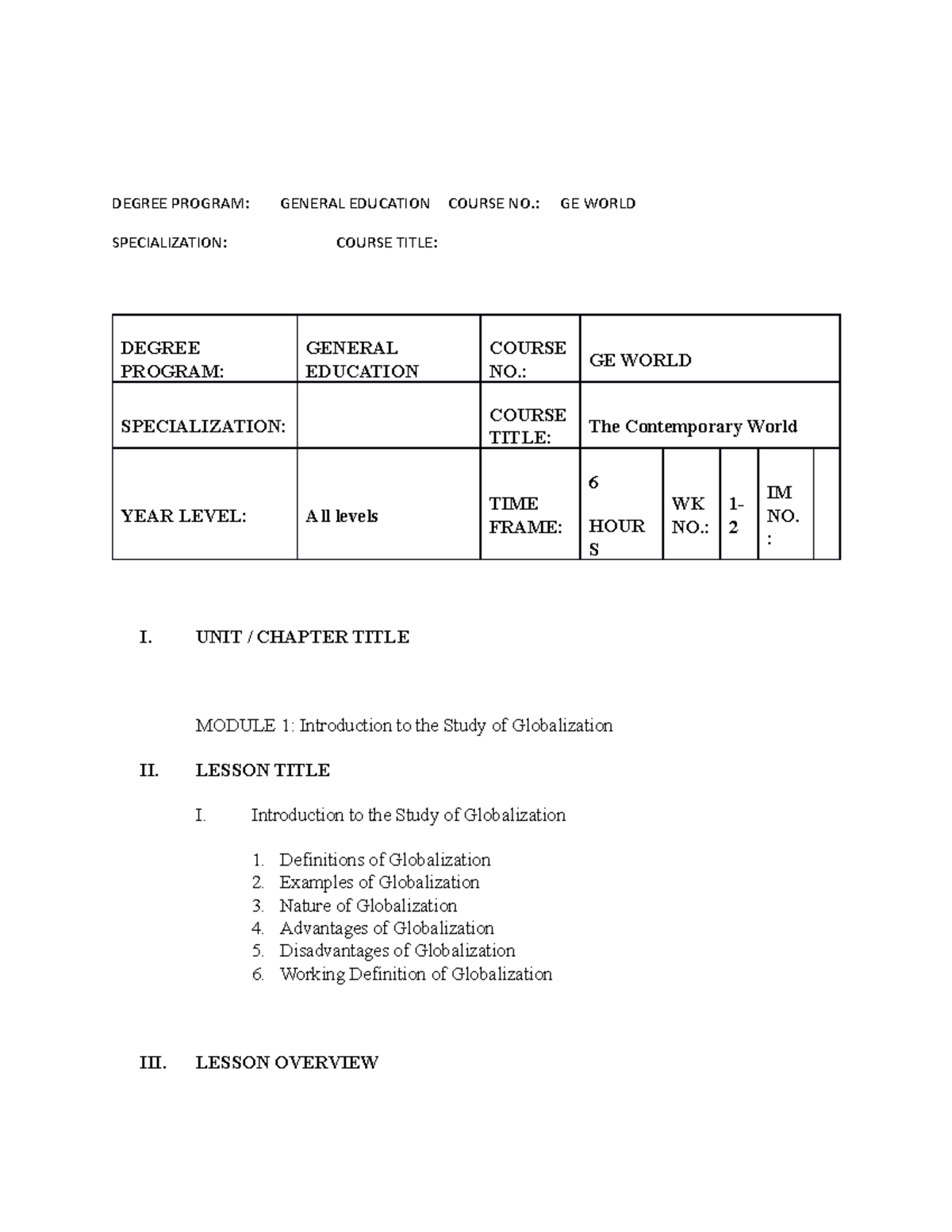 THE Contemporary Wolrd - DEGREE PROGRAM: GENERAL EDUCATION COURSE NO ...