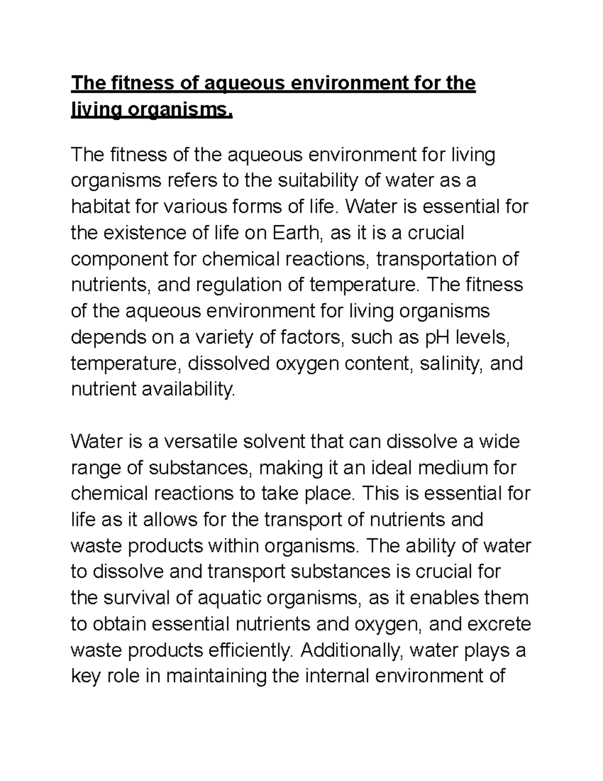 The fitness of aqueous environment for the living organisms - The ...