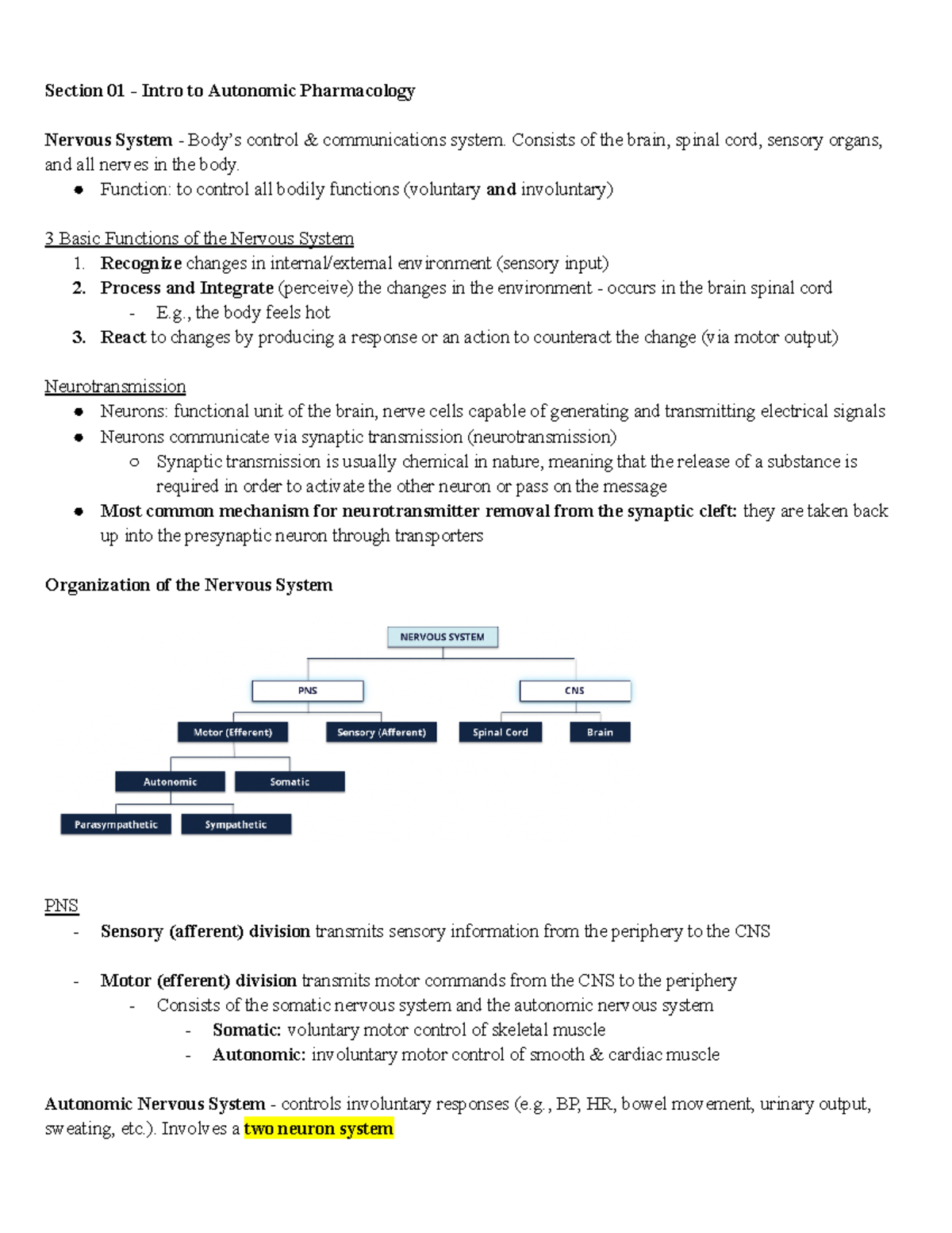 Module 2 - Notes - Section 01 - Intro to Autonomic Pharmacology Nervous ...