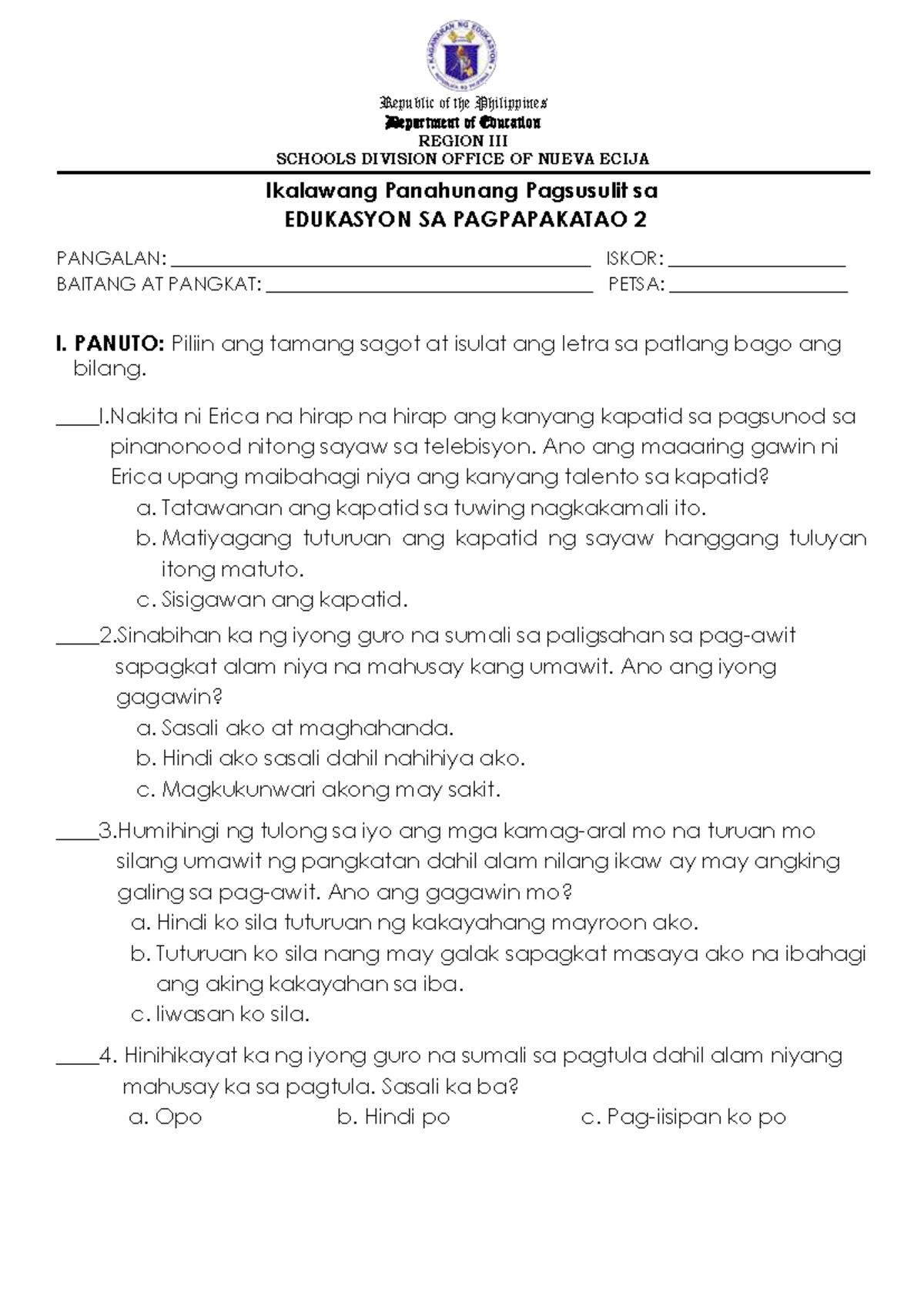 Final QAd COPY ESP 2 2ND Periodical TEST - Republic of the Philippines ...