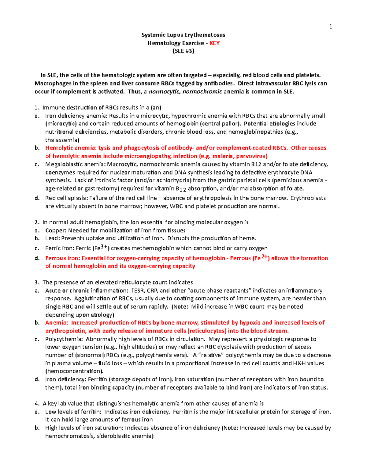 SLE W4 Hematology-Exercise Key 2020 - Systemic Lupus Erythematosus ...