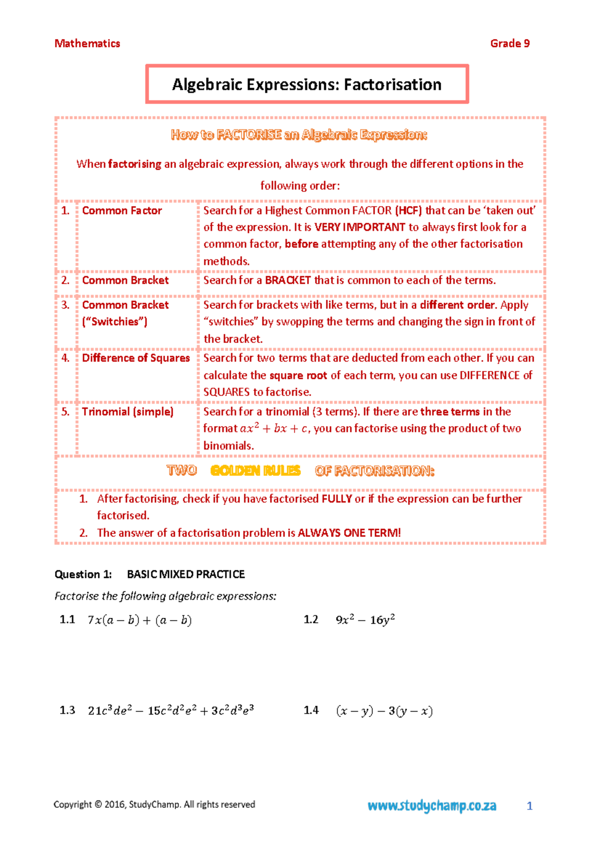 Gr9 Maths ws Factorisation - When factorising an algebraic expression ...