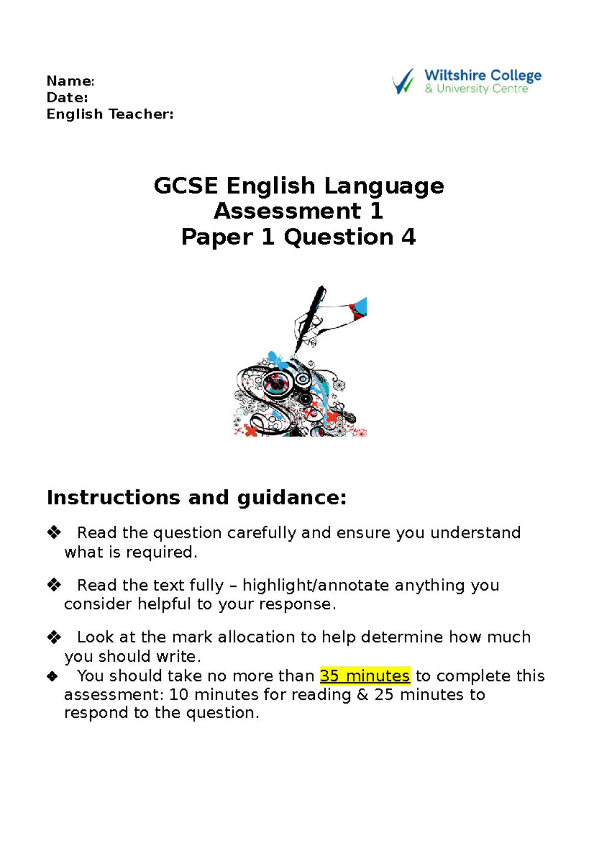 P1Q4 Assessment-2 - notes - Name: Date: English Teacher: GCSE English ...