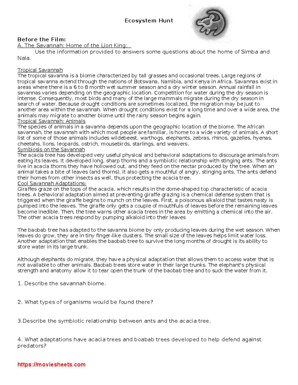 Lion King Movie Ecosystem Hunt - Ecosystem Hunt Before the Film: A. The ...