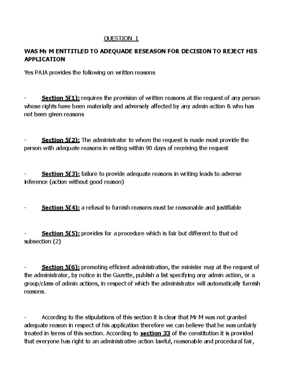 Admin MEMO 2019 - TEST 1 MEMO - QUESTION 1 WAS Mr M ENTTITLED TO ...