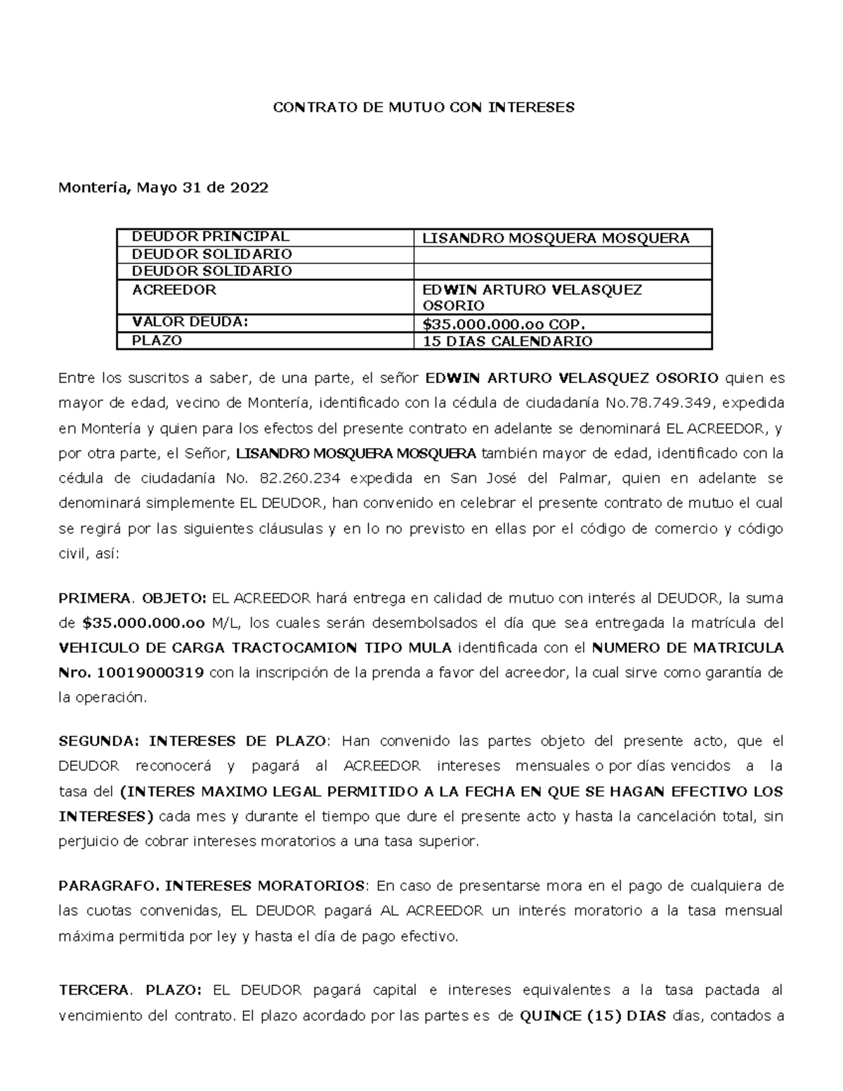 Contrato DE Mutuo CON Intereses A Favor DE Edwin Velasquez - CONTRATO ...