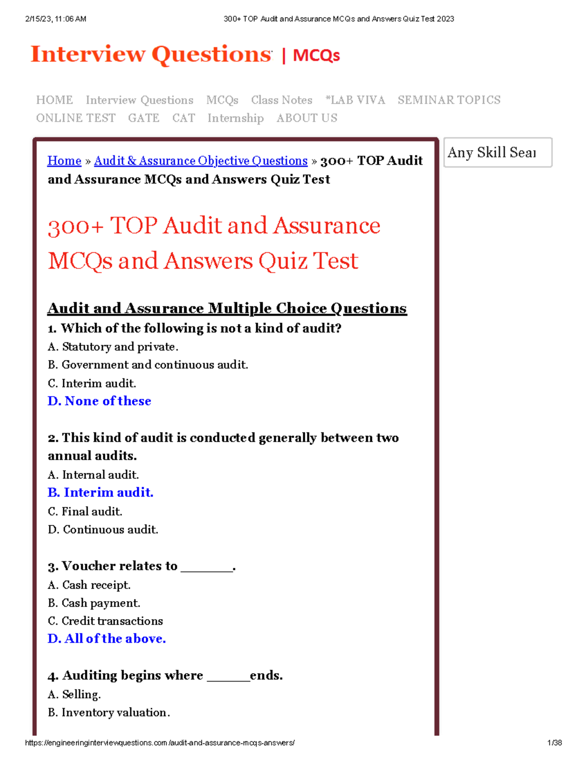 300+ TOP Audit and Assurance MCQs and Answers Quiz Test 2023 ...