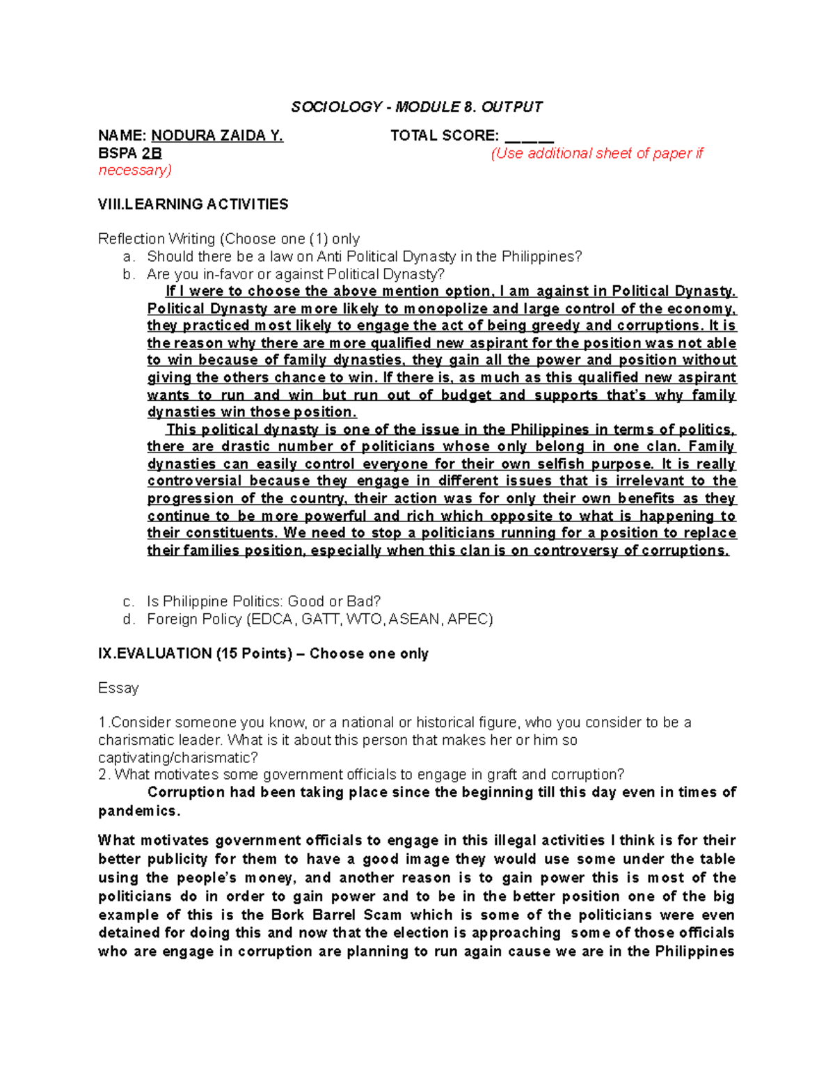 Sociology 8 - SOCIOLOGY - MODULE 8. OUTPUT NAME: NODURA ZAIDA Y. TOTAL ...
