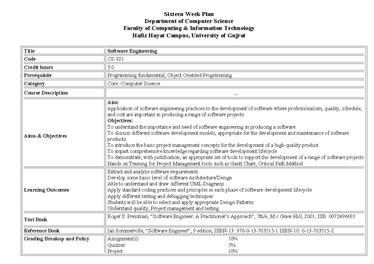 Cs 321 Software Engineering Sixteen Week Plan Department Of Computer Science Faculty Of 
