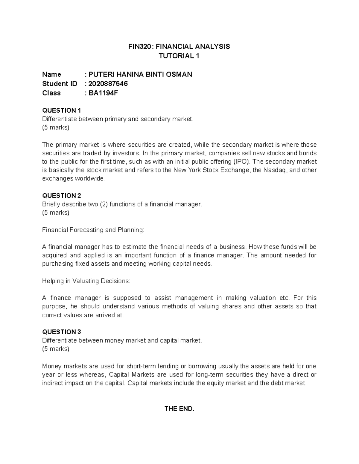 Tutorial Chapter 1 fin320 - FIN320: FINANCIAL ANALYSIS TUTORIAL 1 Name ...