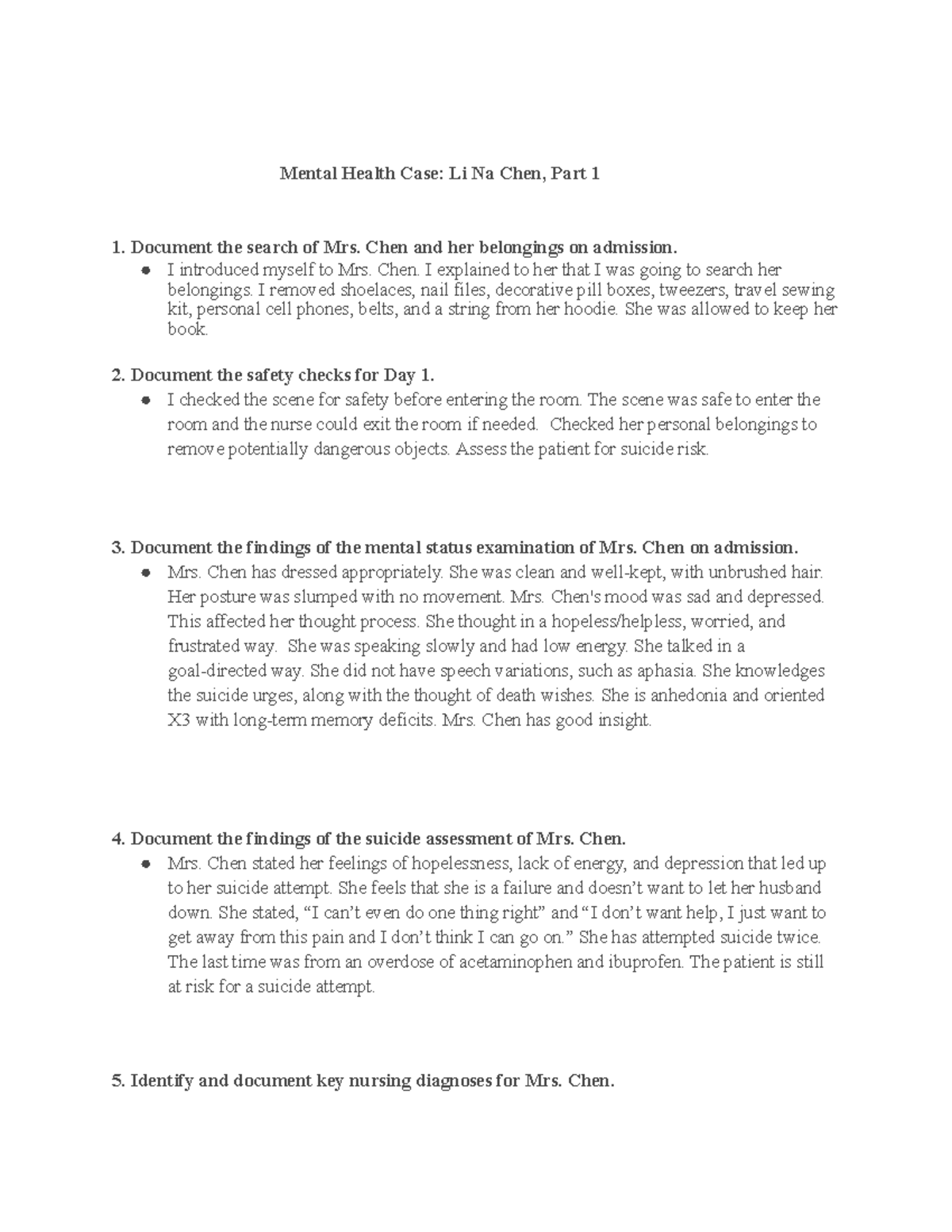 Mrs. Chen Vsim nursing - Mental Health Case: Li Na Chen, Part 1 1 ...