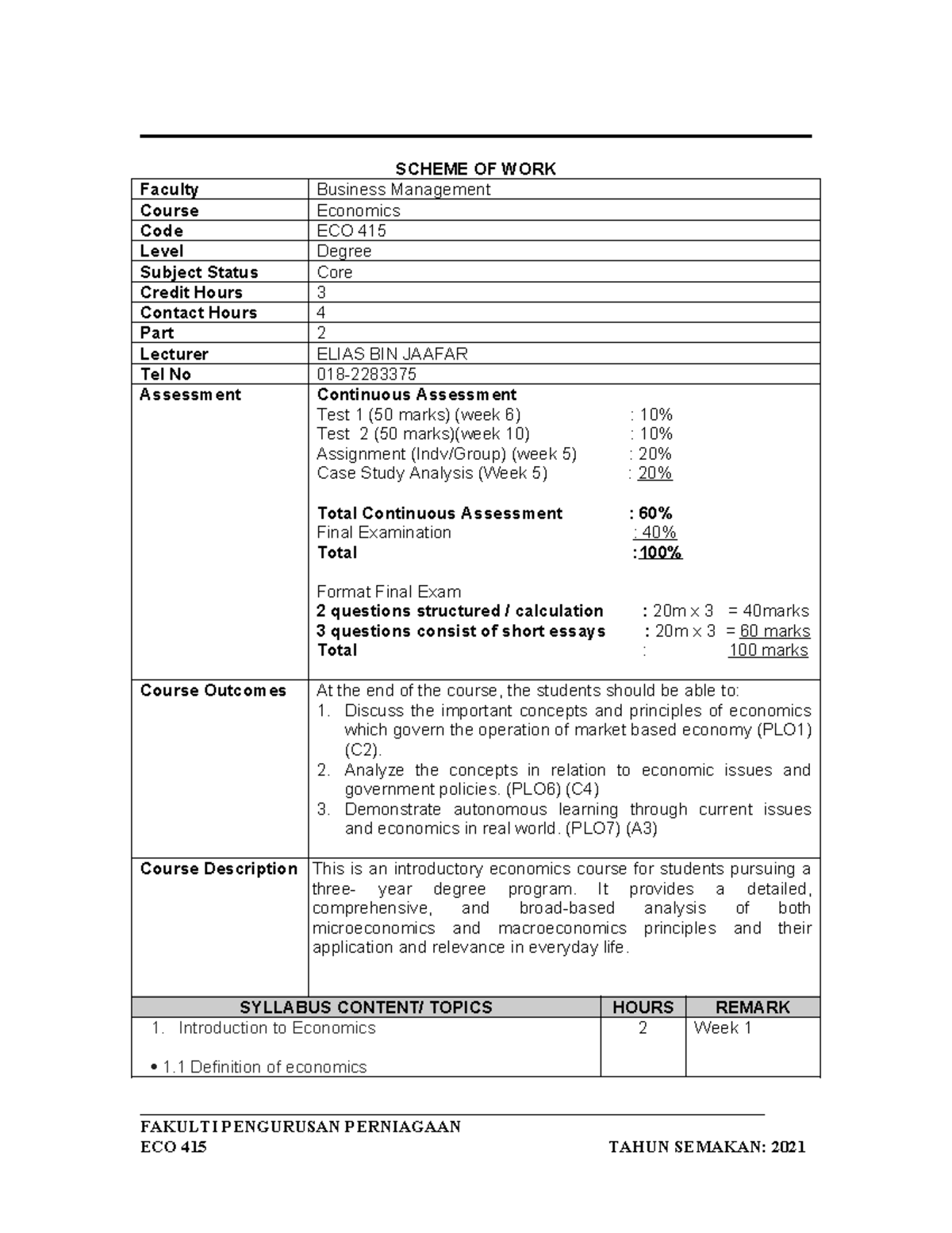 Scheme OF WORK - SCHEME OF WORK Faculty Business Management Course ...