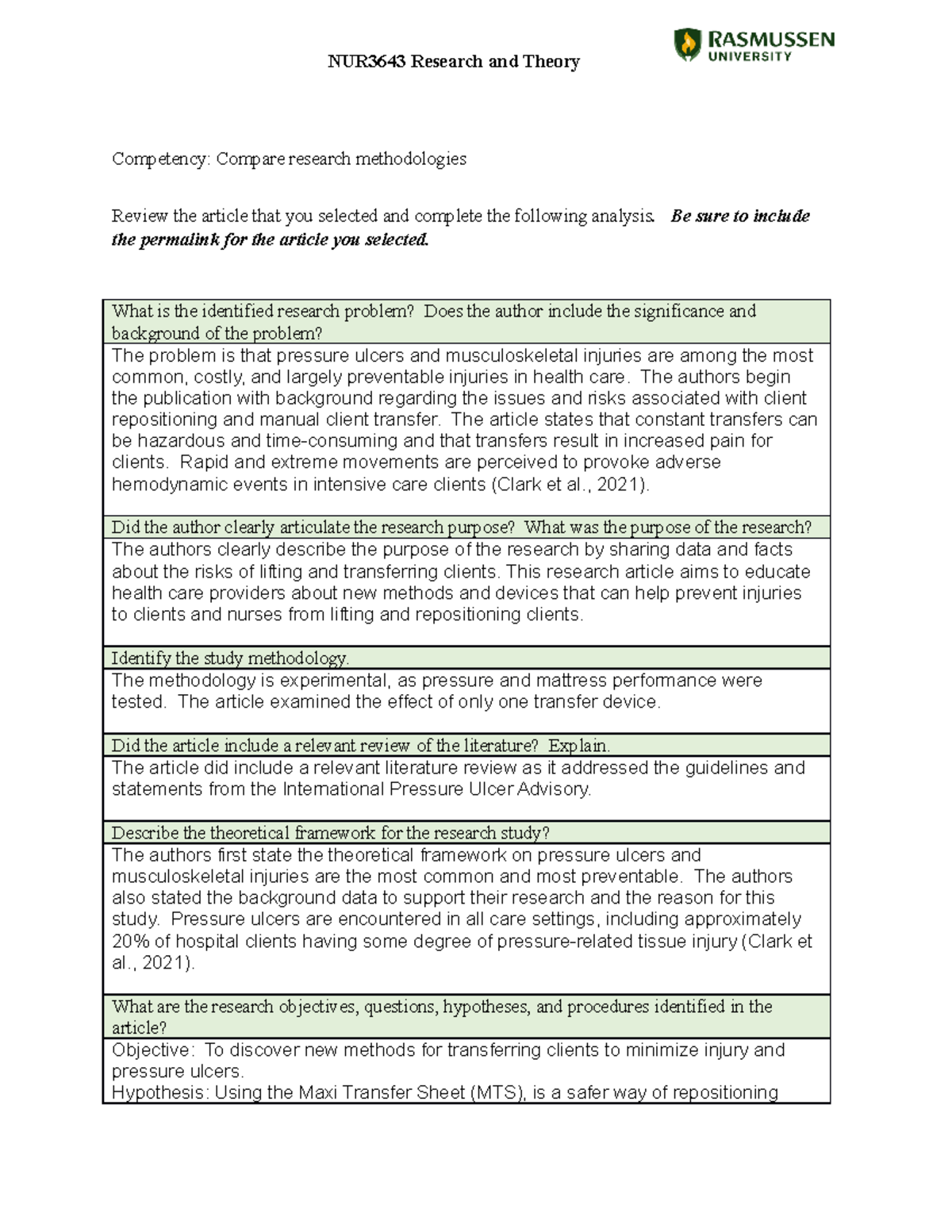 Nur 3643 Critical Appraisal of Quantitative Research April 26, 2022 ...