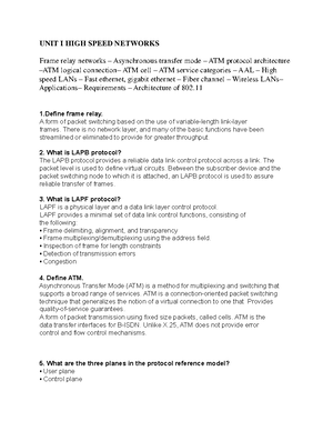 High Speed Network notes - Studocu