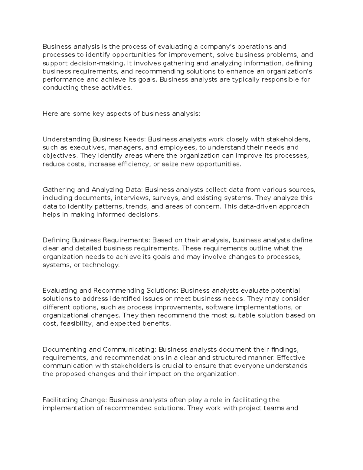 Business-analysis-notes - Business analysis is the process of ...