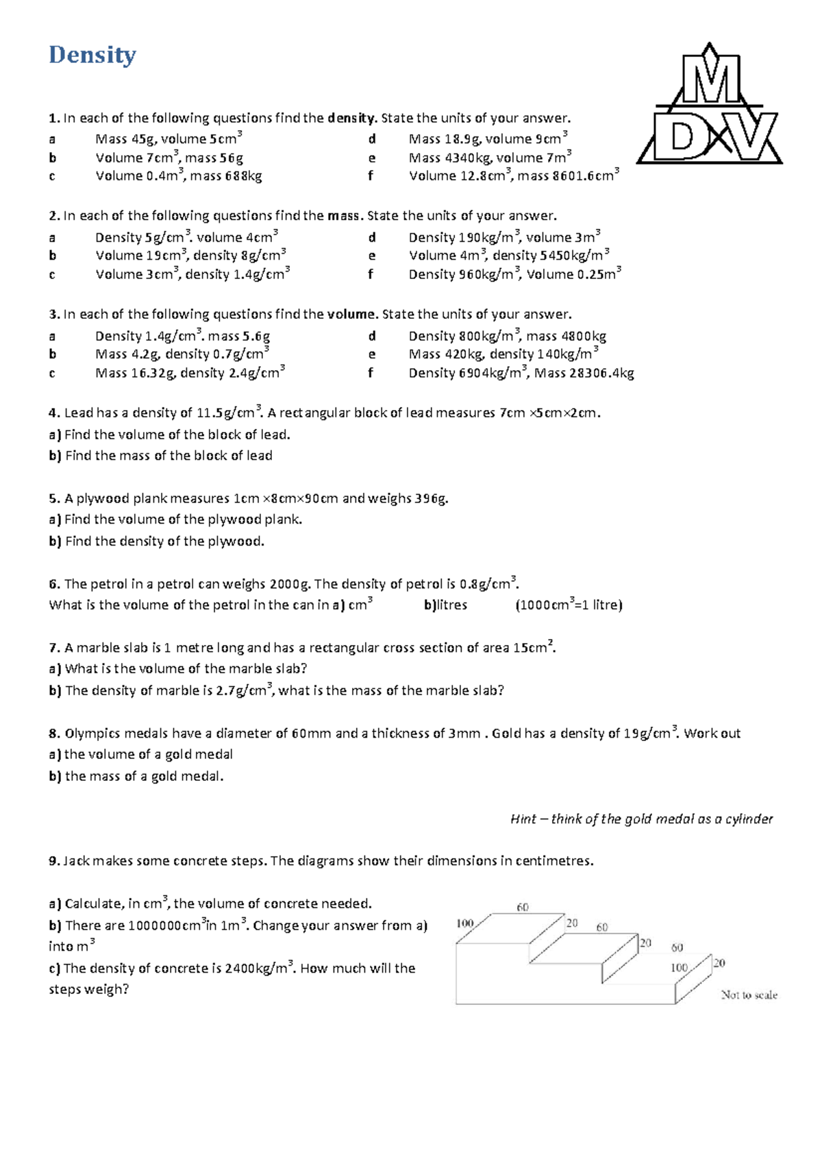 Density - sss - Density 1. In each of the following questions find the ...