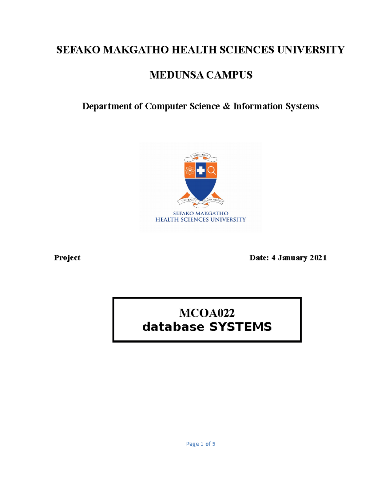 Database Project 14Dec20 - SEFAKO MAKGATHO HEALTH SCIENCES UNIVERSITY ...