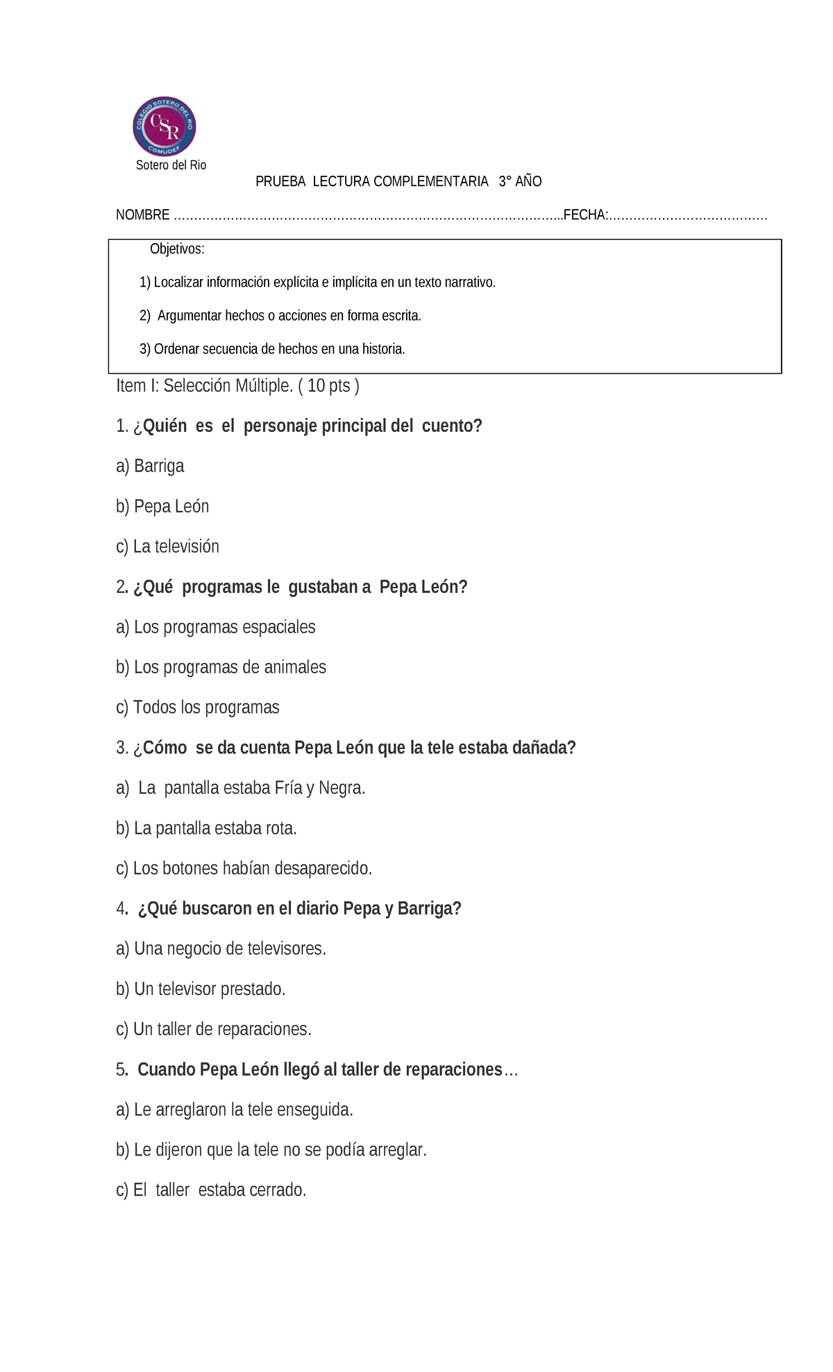 Prueba pepa leon - LECTURA COMPLEMENTARIA - Sotero del Rio PRUEBA ...