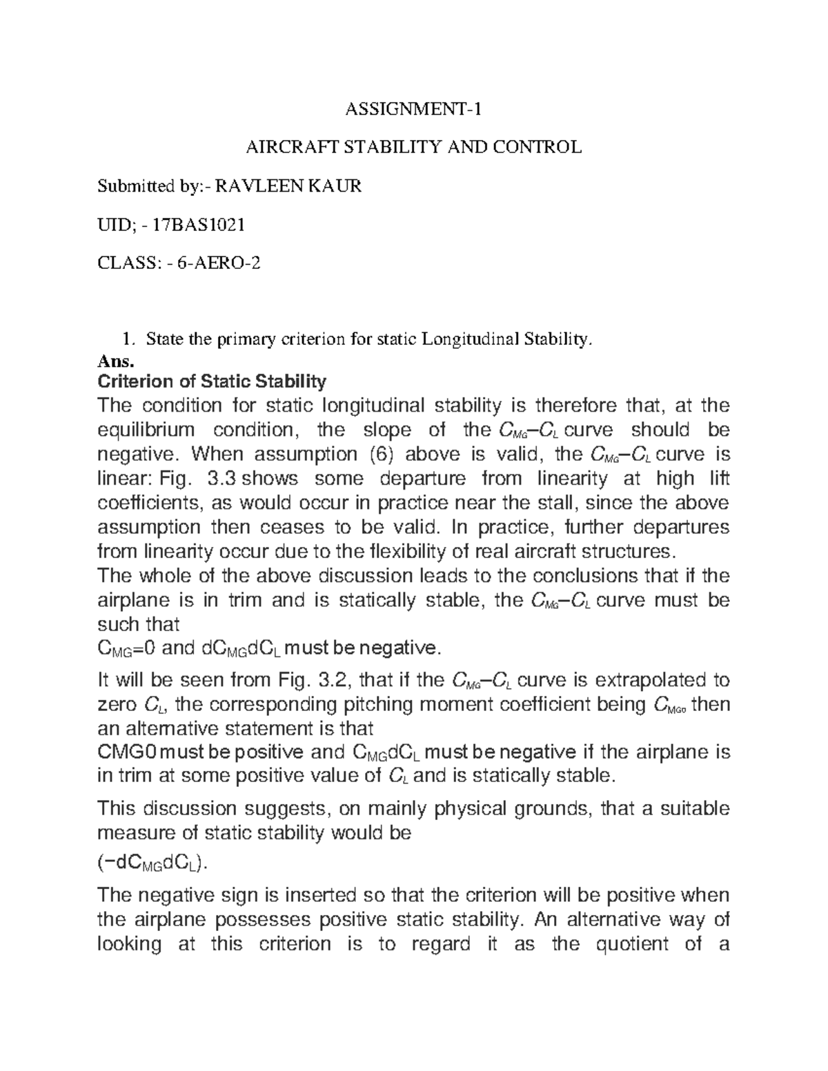 Assignment-1 ASC - Assignment aircraft stability and control - ASSIGNMENT- AIRCRAFT STABILITY ...